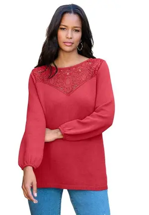 Roaman's Lace Mesh Pullover Sweater - Dark Berry
