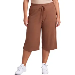 24SEVEN COMFORT APPAREL Curvy Basic Ribbed Knit Drawstring Flared Capri Pants - Mocha
