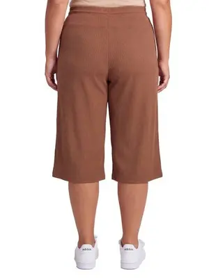 24SEVEN COMFORT APPAREL Curvy Basic Ribbed Knit Drawstring Flared Capri Pants - Mocha