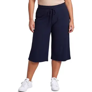 24SEVEN COMFORT APPAREL Curvy Basic Ribbed Knit Drawstring Flared Capri Pants - Navy