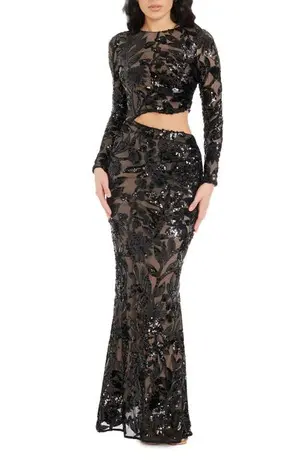 Dress The Population Candace Sequin Floral Mermaid Gown - Black-beige