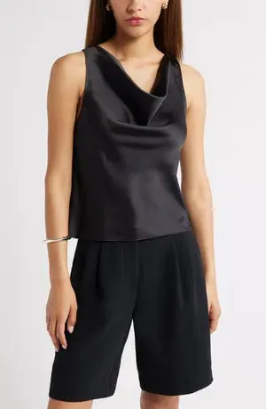 OPEN EDIT Sleeveless Cowl Neck Satin Top - Black
