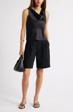 OPEN EDIT Sleeveless Cowl Neck Satin Top - Black