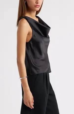 OPEN EDIT Sleeveless Cowl Neck Satin Top - Black