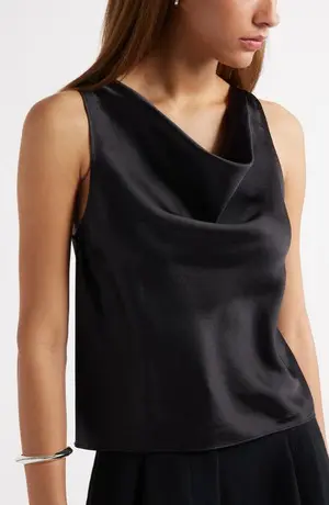 OPEN EDIT Sleeveless Cowl Neck Satin Top - Black