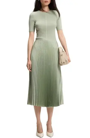 BOSS Ribbed Bodice Pleated Midi Dress - Desert Sage
