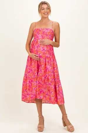 PINKBLUSH Floral Sleeveless Tiered Midi Dress - Fuschia