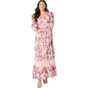 Roaman's Lace Tiered Maxi Dress With V-neckline - Soft Blush Roses