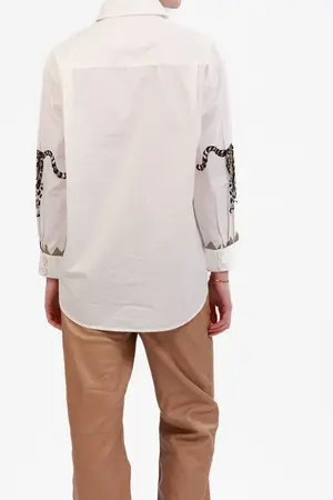 Las Surenas Snow Leopard Appliqué Poplin Shirt - White