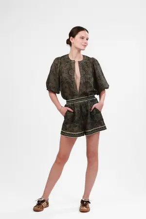 Las Surenas Geometric Print Linen Blend Shorts