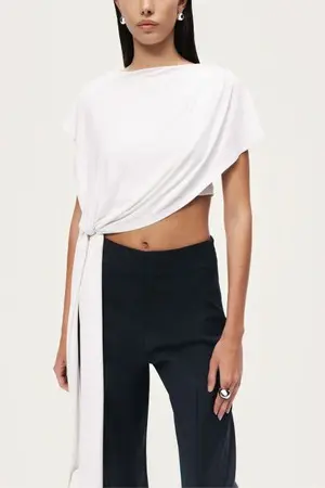 NOCTURNE Asymmetric Tie-front Crop Top - Ivory