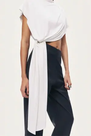 NOCTURNE Asymmetric Tie-front Crop Top - Ivory