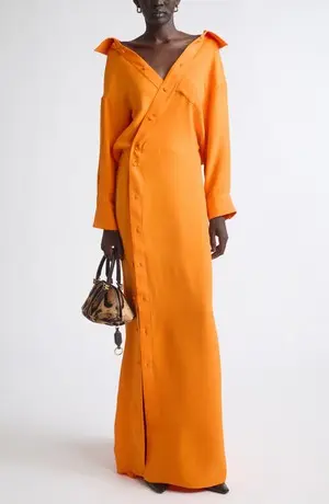 Balenciaga Long Sleeve Silk Cady Maxi Shirtdress
