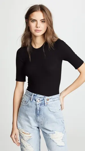 Enza Costa Rib Fitted Half Sleeve Crew Tee - Black