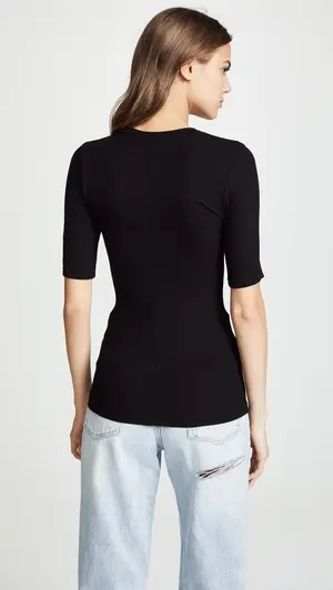Enza Costa Rib Fitted Half Sleeve Crew Tee - Black