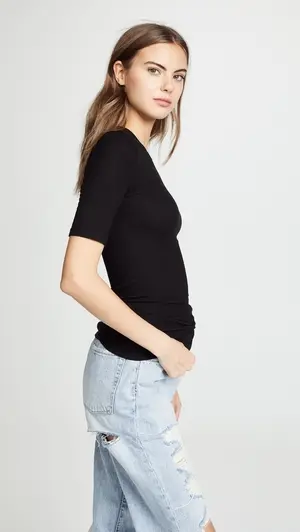 Enza Costa Rib Fitted Half Sleeve Crew Tee - Black