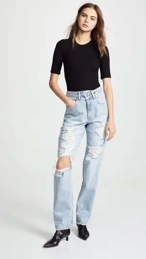Enza Costa Rib Fitted Half Sleeve Crew Tee - Black