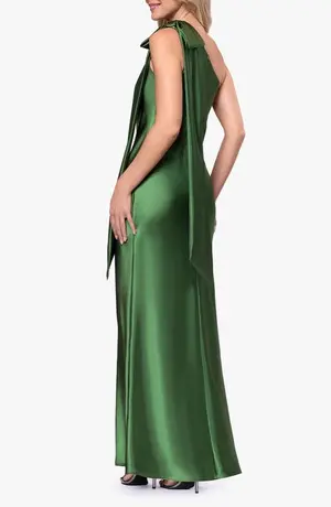 Betsy & Adam Bow Detail One-shoulder Satin Gown