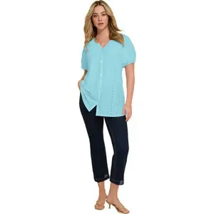 Roaman's Shirred Eyelet Button Front Blouson Tunic - Light Aqua