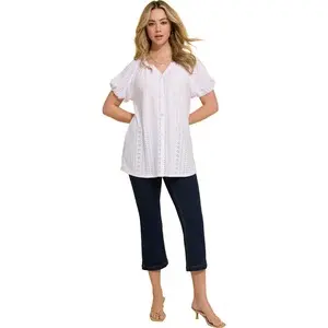 Roaman's Shirred Eyelet Button Front Blouson Tunic - White