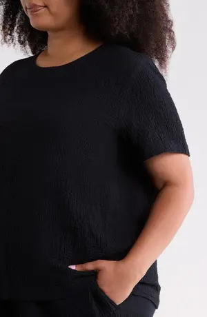 Eileen Fisher Textured Organic Cotton Stretch Top With Keyhole Closure - Black