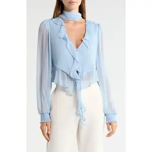 KITTENISH Ruffle Front Tie Chiffon Crop Top - Blue Fog