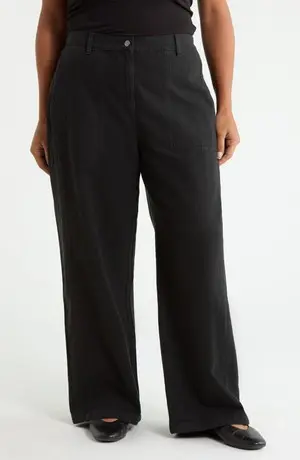 Eileen Fisher High Waist Wide Leg Full Length Organic Cotton Pants - Black