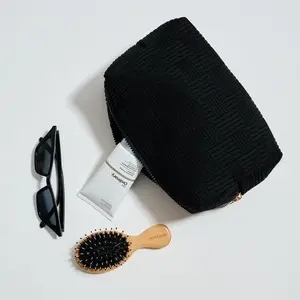 URBAN EXPRESSIONS Hatchway Cosmetic & Travel Organizer Pouch With Woven Texture And Gold Hardware - Black
