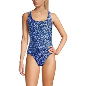 LANDS' END Long Tugless X-back One Piece Swimsuit - Navy/turquoise Mosaic Dot