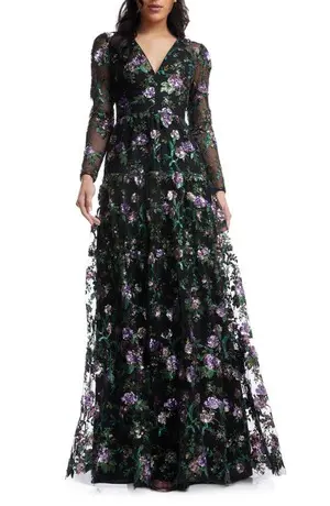 Dress The Population Angelina Sequin Embroidered Gown - Black Multi