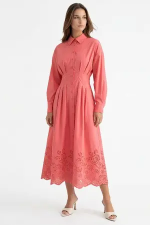EXQUISE Embroidered Midi Shirt Dress - Pink