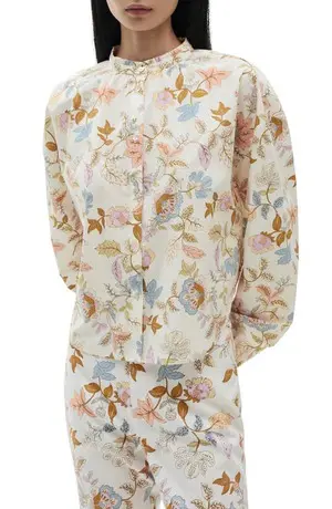 Mango Floral Cotton Band Collar Button-up Shirt