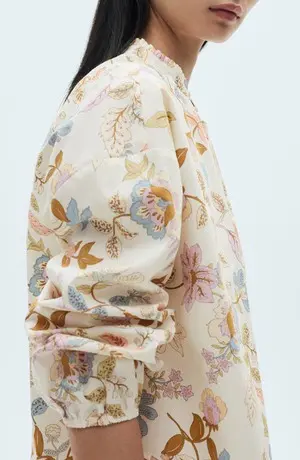 Mango Floral Cotton Band Collar Button-up Shirt