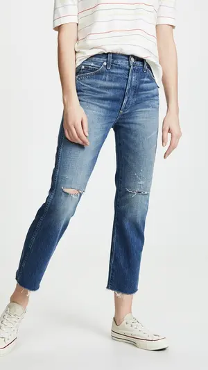 AMO Loverboy Cropped Jeans - Blue Bottle With Destroy