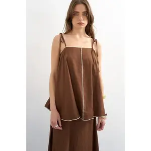 Topshop Linen Blend Cami With Contrast Whipstitching - Brown