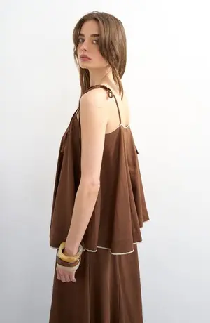 Topshop Linen Blend Cami With Contrast Whipstitching - Brown