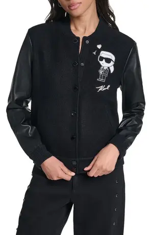 Karl Lagerfeld Paris Karl Wool Blend Varsity Jacket With Faux Leather Sleeves - Black