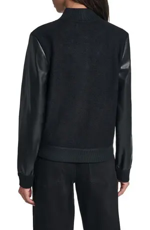 Karl Lagerfeld Paris Karl Wool Blend Varsity Jacket With Faux Leather Sleeves