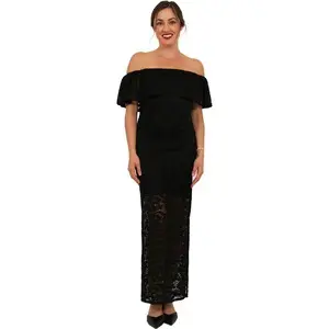24SEVEN COMFORT APPAREL Elevate Lace Off The Shoulder Side Slit Body-con Maxi Dress - Black
