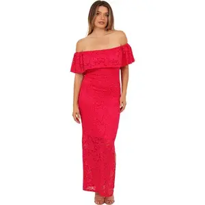 24SEVEN COMFORT APPAREL Elevate Lace Off The Shoulder Side Slit Body-con Maxi Dress - Fuchsia
