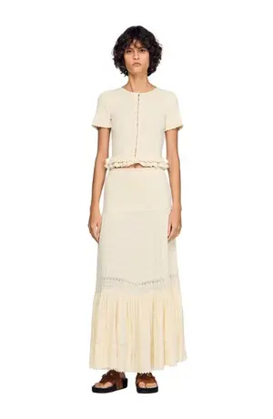 Sandro Ruffled Knit Cropped Cardigan