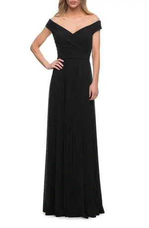 La Femme Off-the-shoulder Jersey Gown - Black