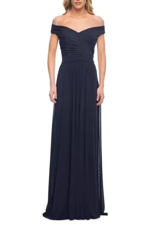La Femme Off-the-shoulder Jersey Gown - Navy
