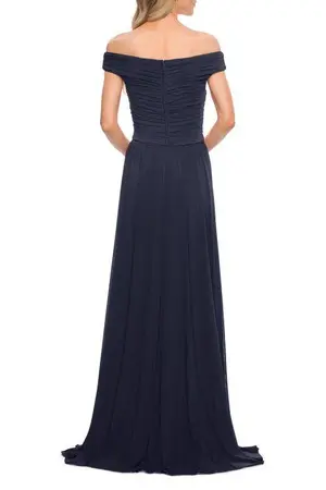 La Femme Off-the-shoulder Jersey Gown - Navy