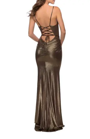 La Femme Metallic Jersey Dress With Draped Neckline - Black/gold