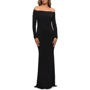 La Femme Long Sleeve Off-the-shoulder Jersey Gown