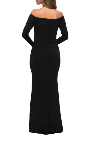 La Femme Long Sleeve Off-the-shoulder Jersey Gown