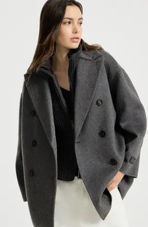 Brunello Cucinelli Cashmere Double Beaver Cloth Pea Coat With Precious Patch - Anthracite