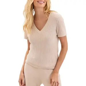 Barefoot Dreams Scalloped Ribbed V-neck Top Stone