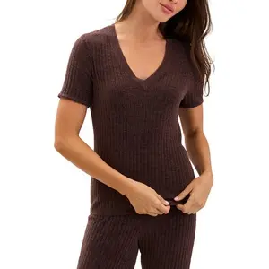 Barefoot Dreams Scalloped Ribbed V-neck Top Umber